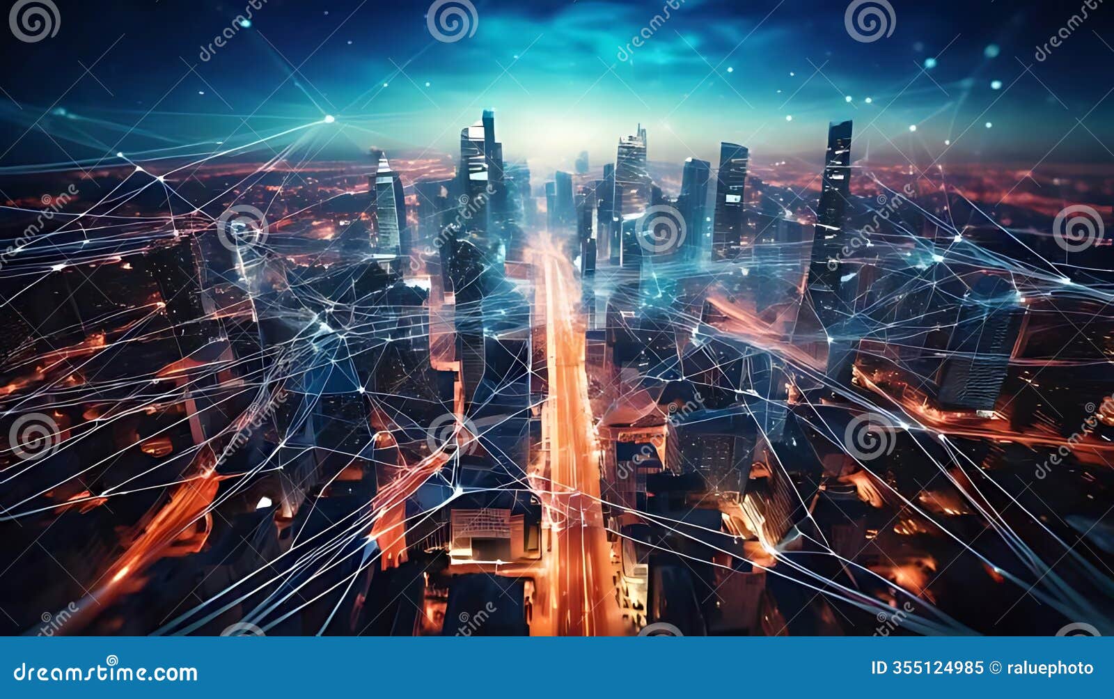 Digital Network Grid Overlays a Cityscape, Connecting the Urban ...