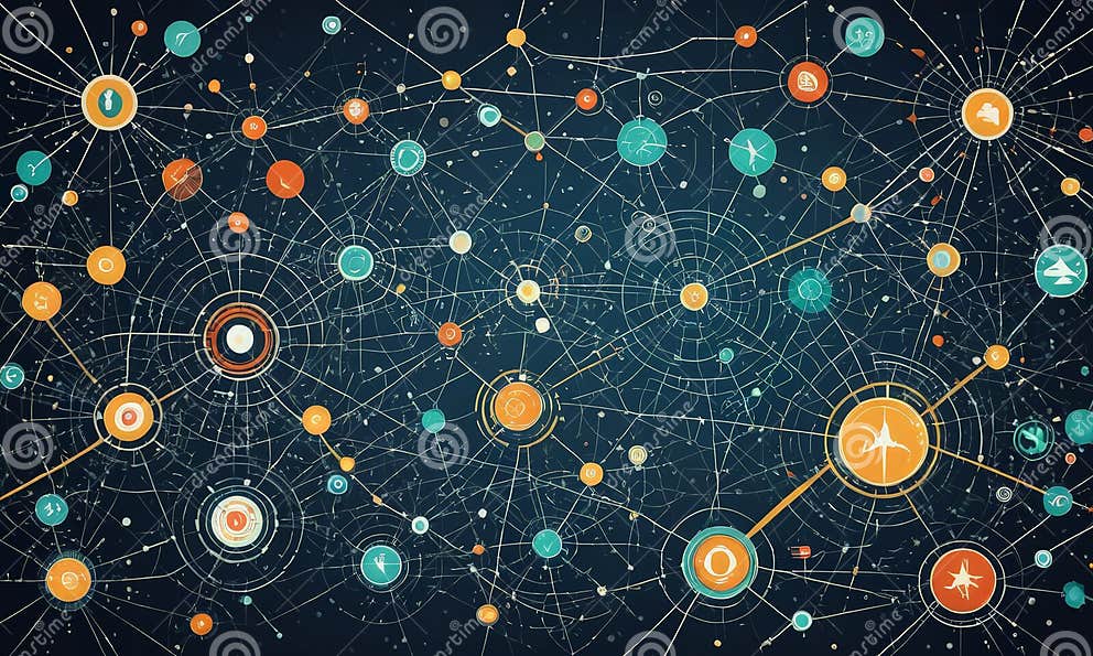 Digital Network Interconnected Circles and Lines, with Various Colored ...