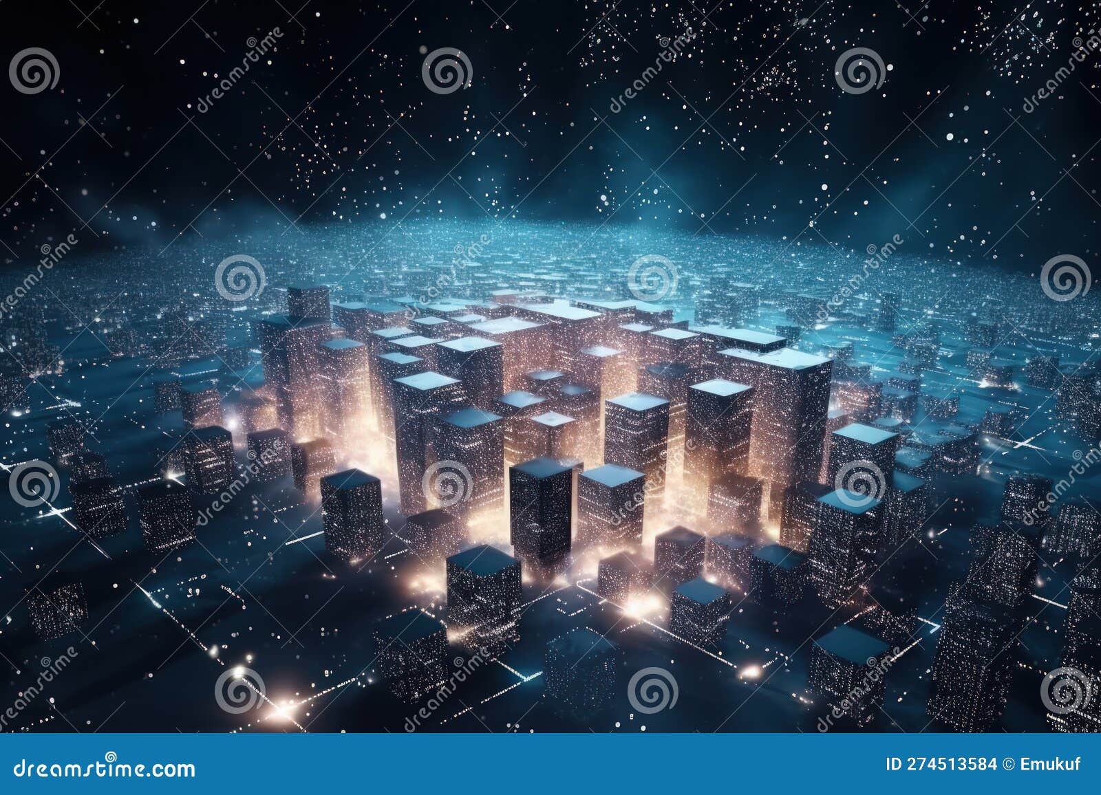 Digital Network Landscape in a Illuminated Night City, Future World ...