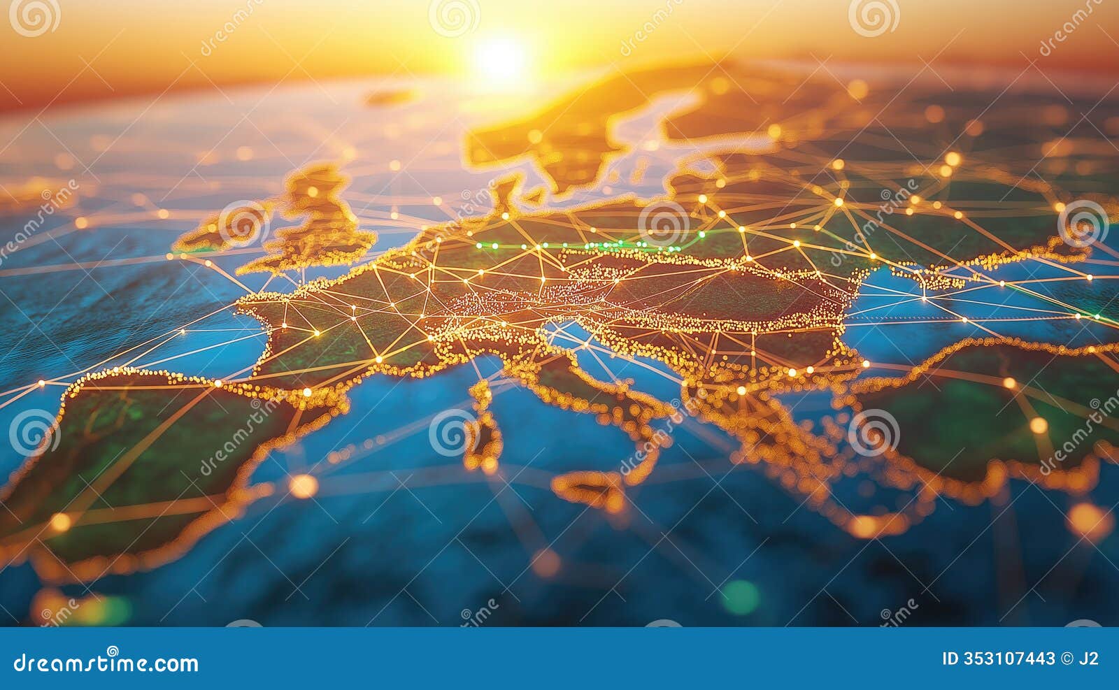 Digital Network Map of Europe at Sunrise. Earth Day, Earth Hour Stock ...