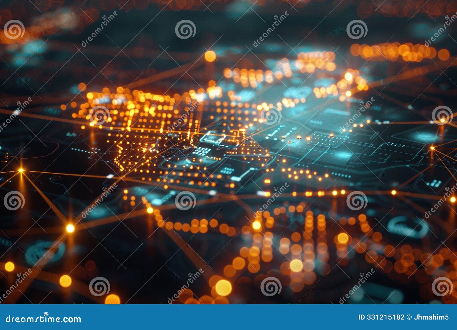 Digital Network Map with Orange and Blue Glowing Lights Stock ...