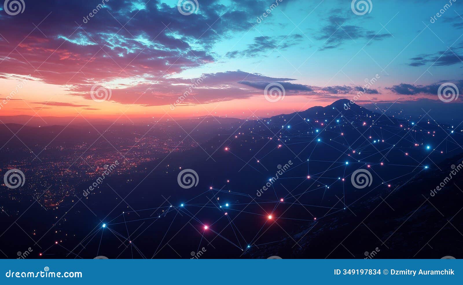 A Digital Network Overlay Covers a Mountain Range at Sunset. Stock ...