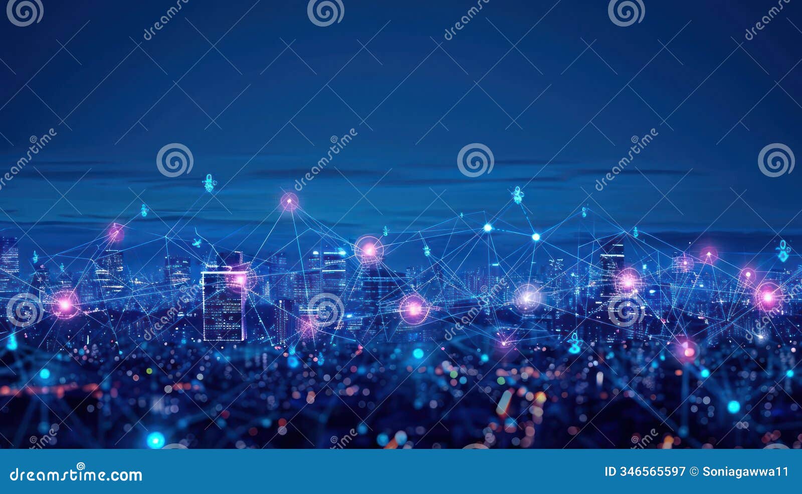 A Digital Network Overlaying a City Skyline, Representing Connectivity ...
