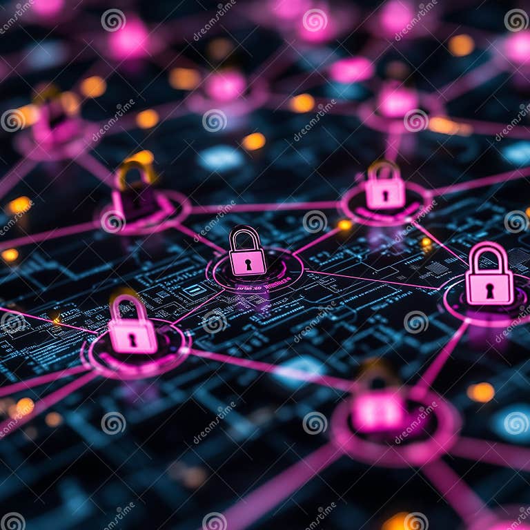 Digital Network Security with Pink Padlocks Stock Illustration ...