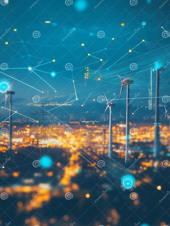 Digital Network Visualization Over a City Skyline with Wind Turbines at ...