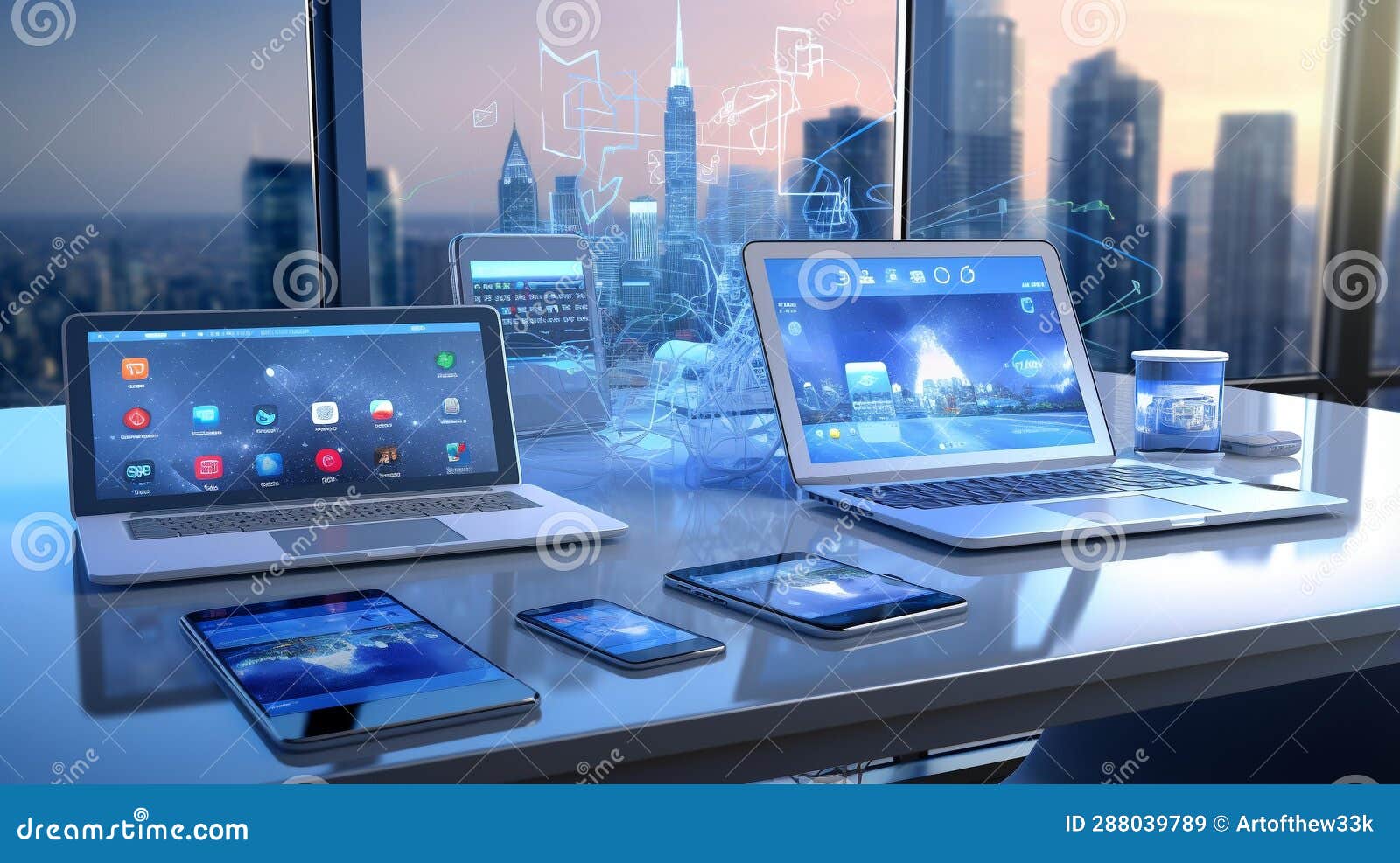 Digital Networking: Interconnected Devices in Modern Office Space Stock ...