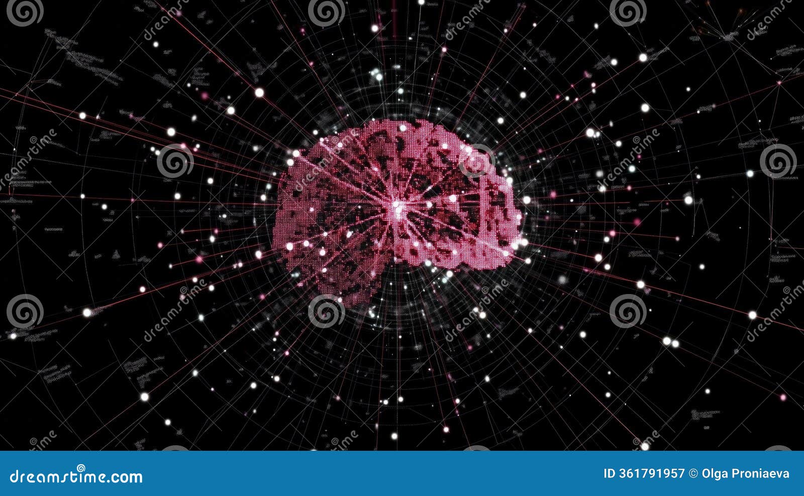 Digital Neural Network Sphere with Pink Brain and White Nodes on Black ...