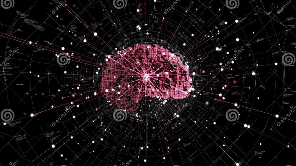 Digital Neural Network Sphere with Pink Brain and White Nodes on Black ...