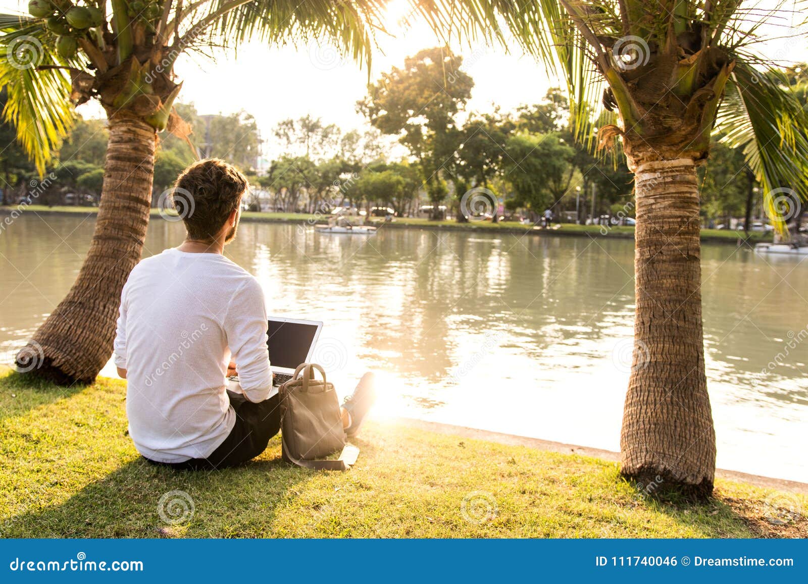 Digital Nomad Work in Park with Computer Online Over Wi-fi. Stock Photo ...