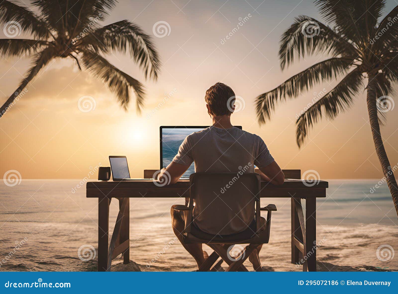 Digital Nomad Worker at the Beach - Generative AI Stock Photo - Image ...