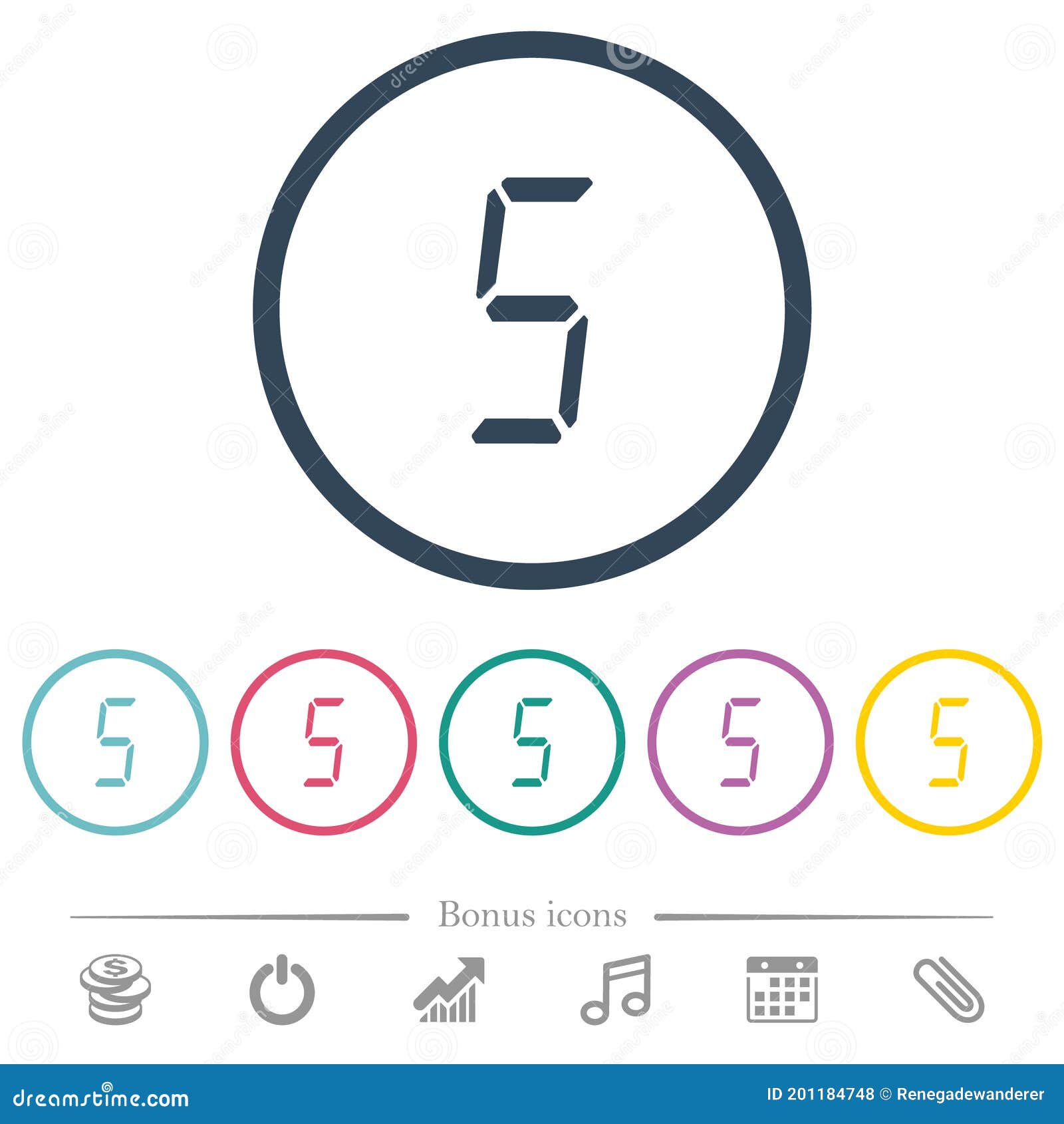 Digital Number Five of Seven Segment Type Flat Color Icons in Round ...