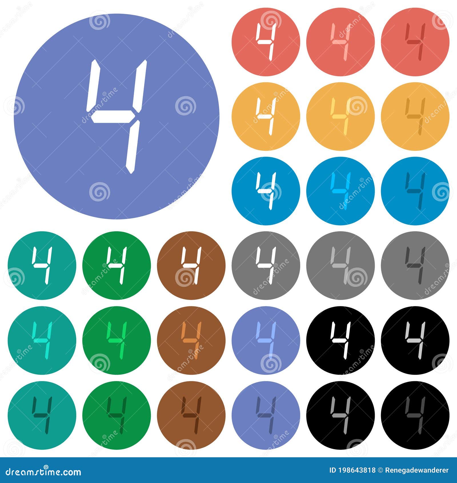 Digital Number Four of Seven Segment Type Round Flat Multi Colored ...