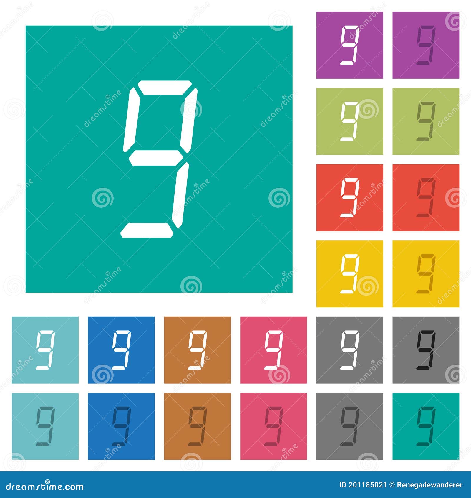 Digital Number Nine of Seven Segment Type Square Flat Multi Colored ...