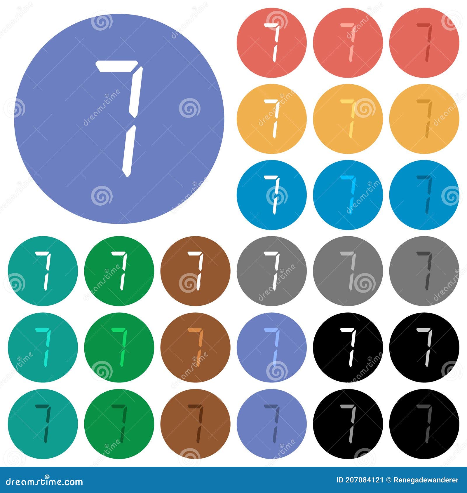 Digital Number Seven of Seven Segment Type Round Flat Multi Colored ...
