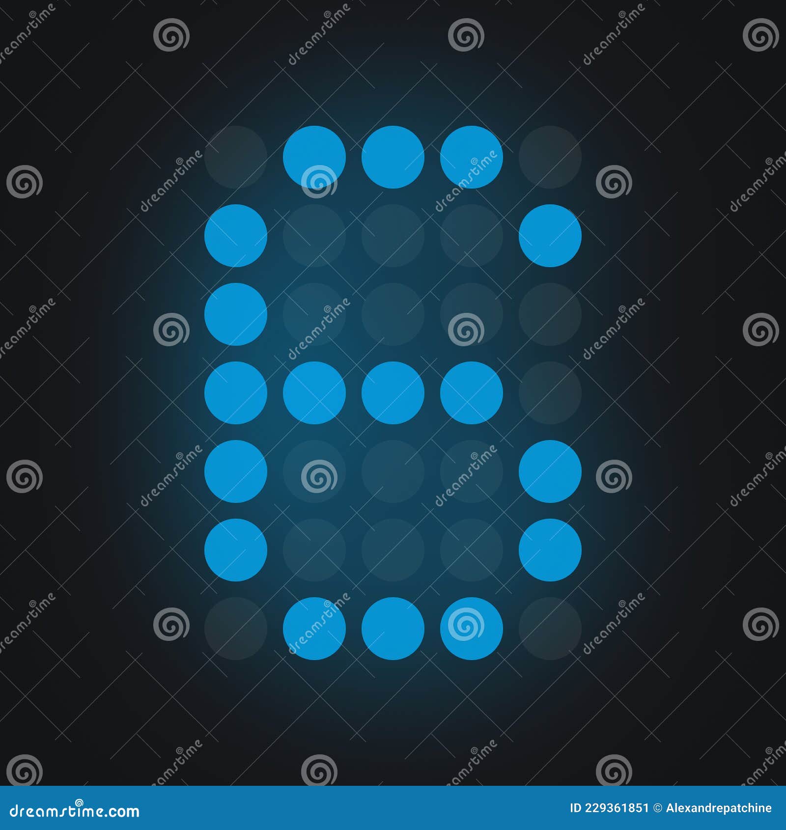 Digital Number SIX in Blue on Black Background, Lighted Leds Glowing ...