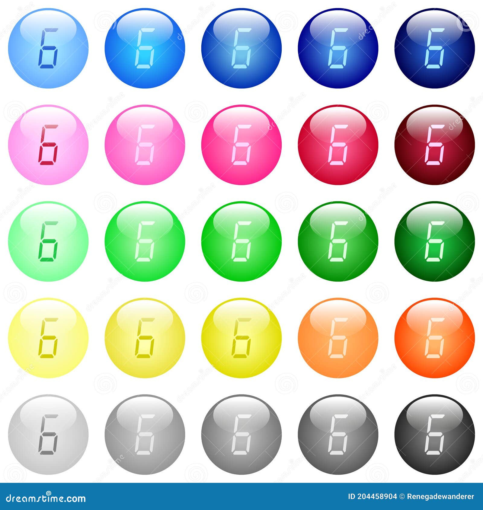 Digital Number Six of Seven Segment Type Icons in Color Glossy Buttons ...