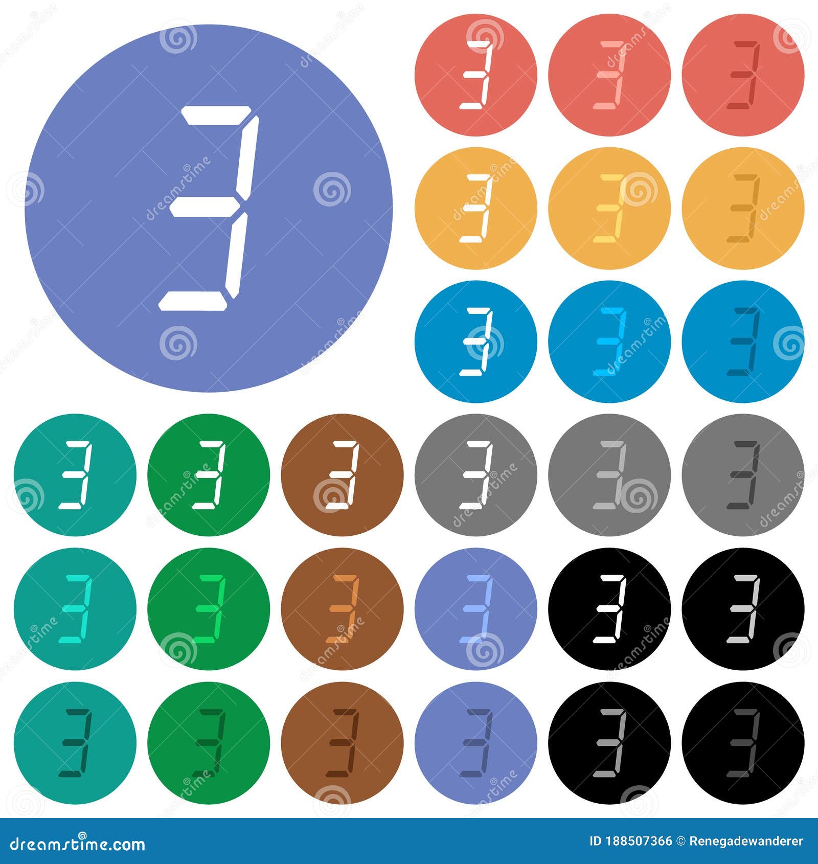 Digital Number Three of Seven Segment Type Round Flat Multi Colored ...