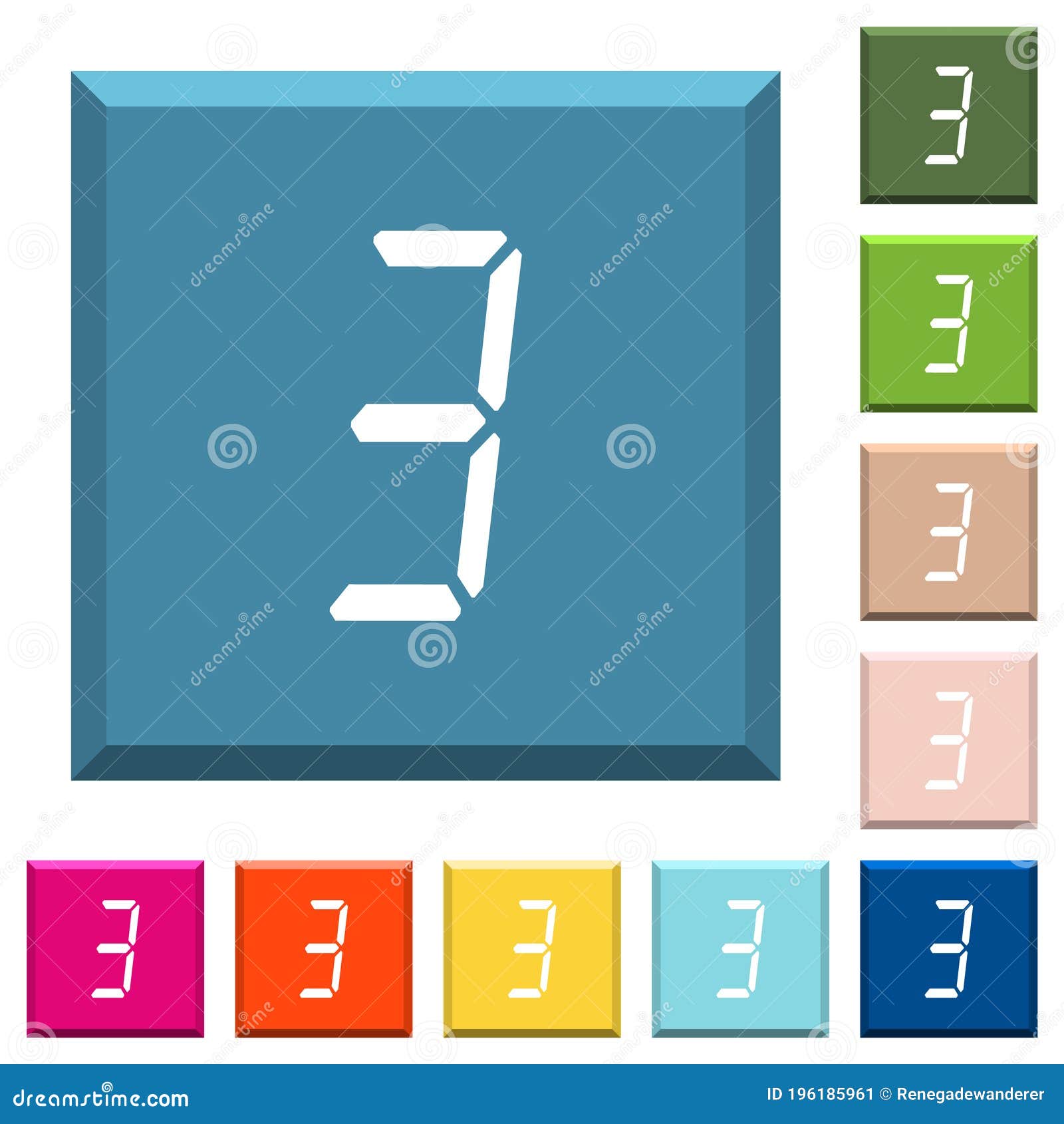 Digital Number Three of Seven Segment Type White Icons on Edged Square ...