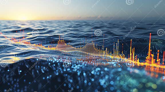 Digital Ocean Surface with Colorful Data Visualization Particles Stock ...