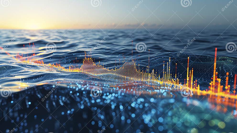 Digital Ocean Surface with Colorful Data Visualization Particles Stock ...
