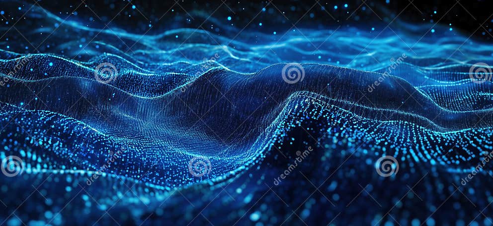 Digital Ocean Waves Visualization with Glowing Blue Particles Creating ...