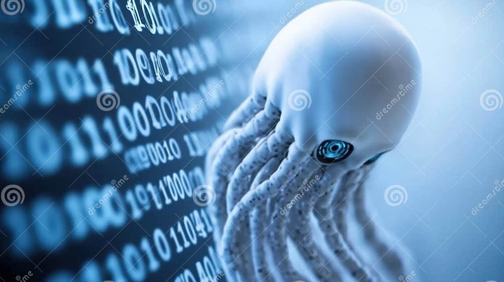 A Digital Octopus with Binary Code Tentacles Symbolizes Technology and ...