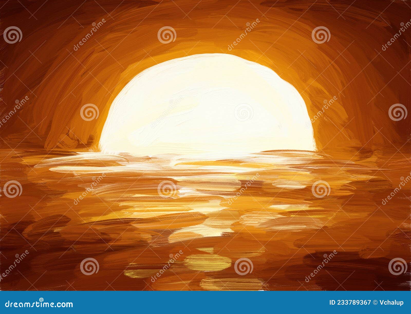 Digital Oil Painting of Sun at Sunset. Reflection of Sun Light in Waves ...