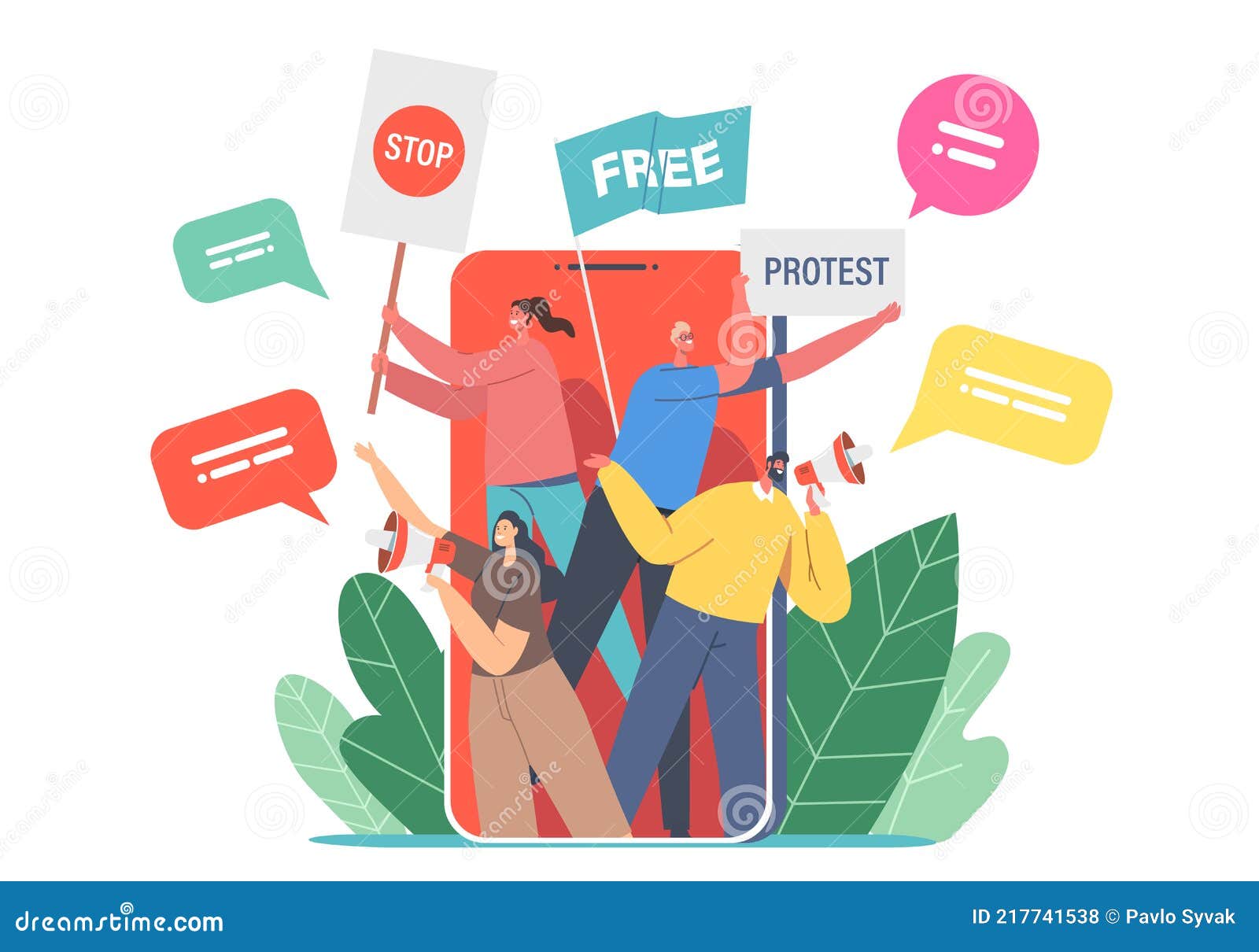 Digital Online Protest Concept. People on Huge Smartphone Screen ...