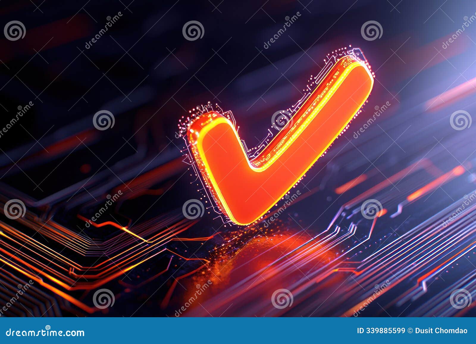 Digital Orange Checkmark Icon Glowing on Futuristic Background Stock ...