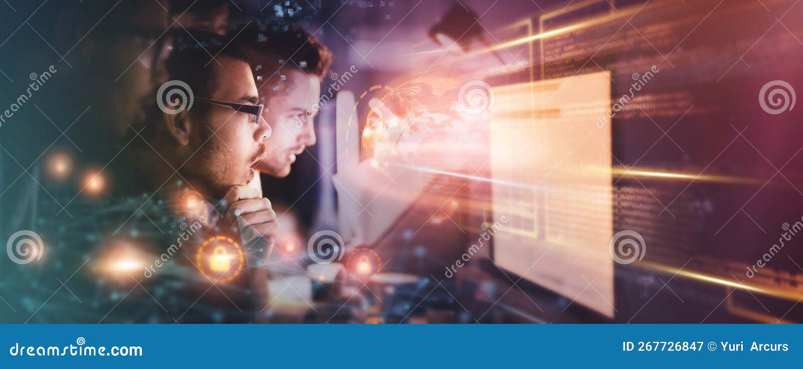 Digital Overlay, Cybersecurity and Business People on Computer Working ...