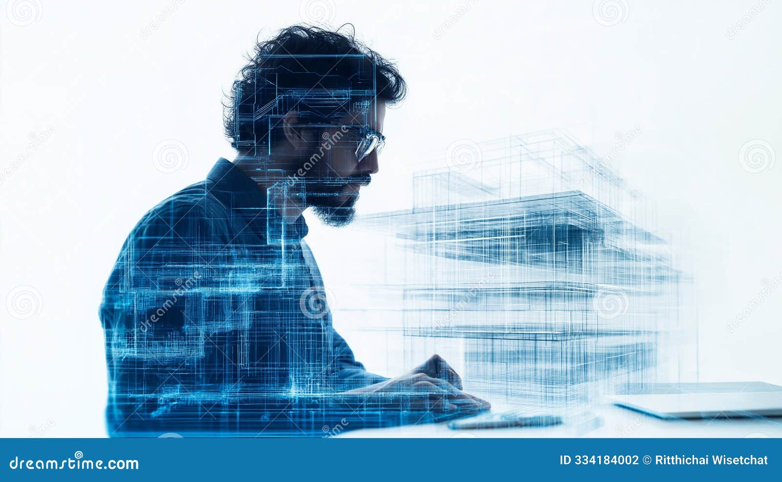 Digital Overlay of a Man Working at a Computer, with a Holographic ...