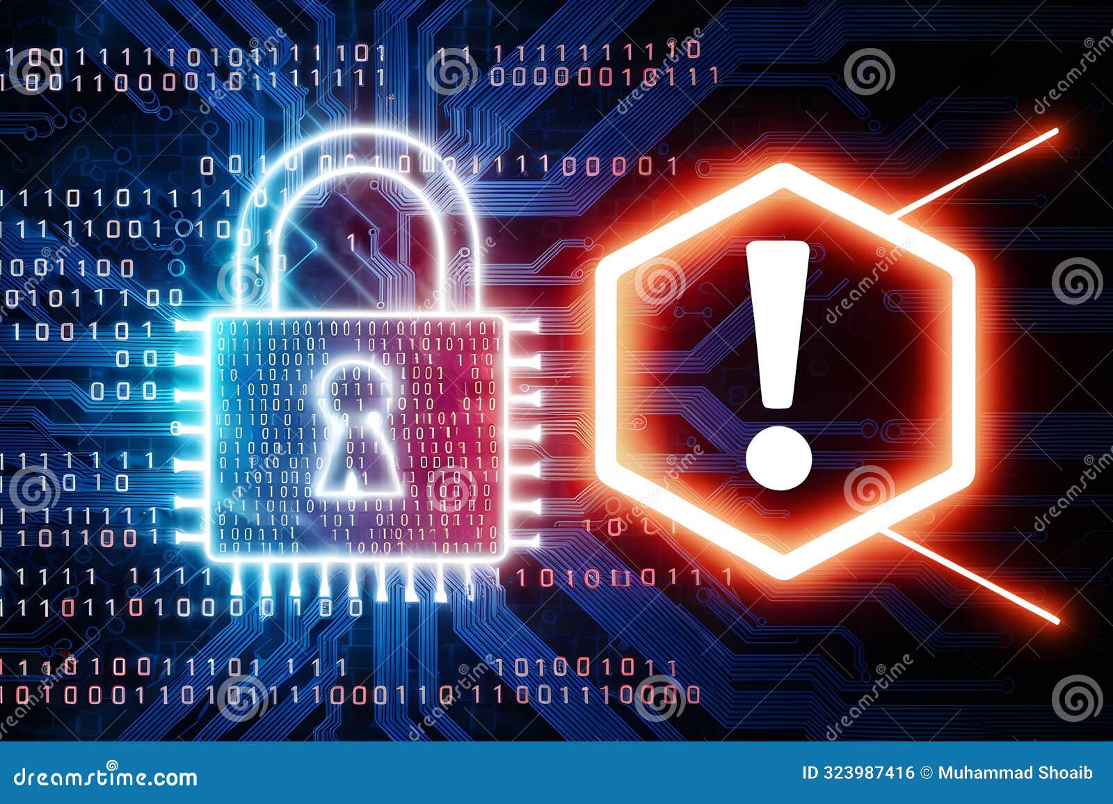 Digital Padlock on Circuit Board with Binary Code and Alert Hexagon Element Stock Illustration ...