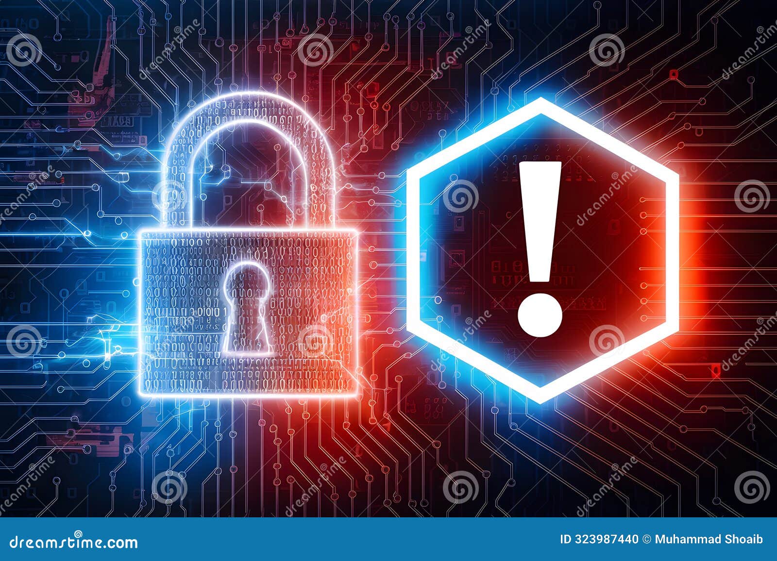 Digital Padlock on Circuit Board with Binary Code and Alert Hexagon Element Stock Illustration ...
