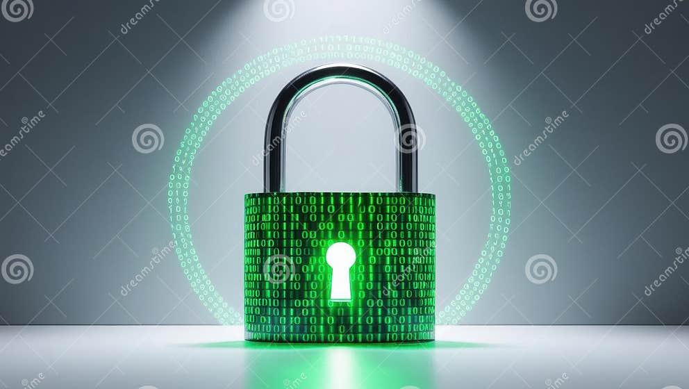 Digital Padlock with a Green Glow, Surrounded by Binary Code, Symbolizes Cybersecurity and Data ...