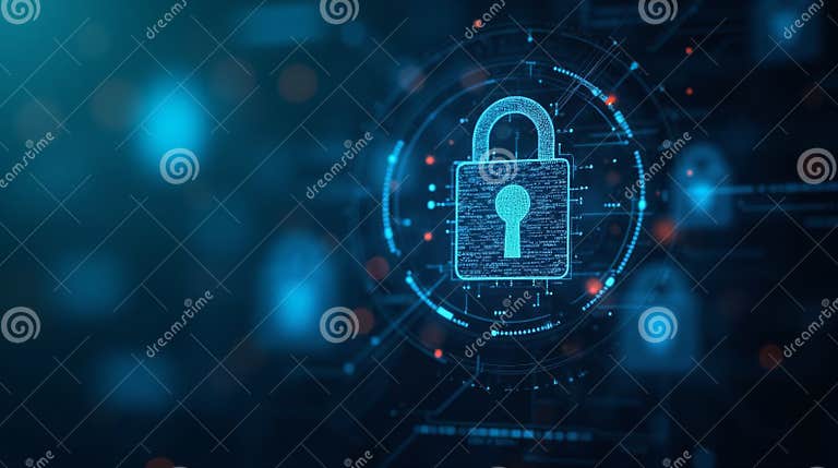 Digital Padlock Icon with Binary Code on Abstract Blue Background. Cybersecurity Concept Stock ...