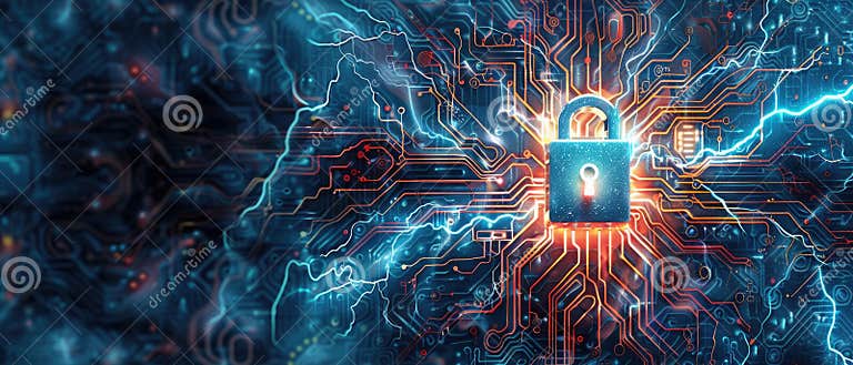 Digital Padlock with Lightning in Cyber Space, Abstract Data Background ...