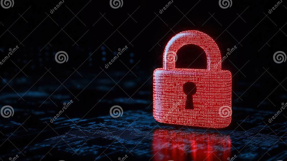 Digital Padlock Symbol Glows Red with Binary Code. Alert Tech Warning System. Cyber Security ...