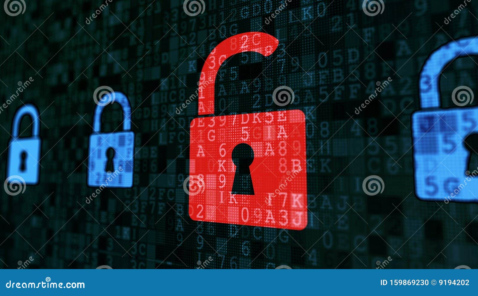 Digital Padlocks Secure Except One Red Lock, Hacker Attack Virus ...
