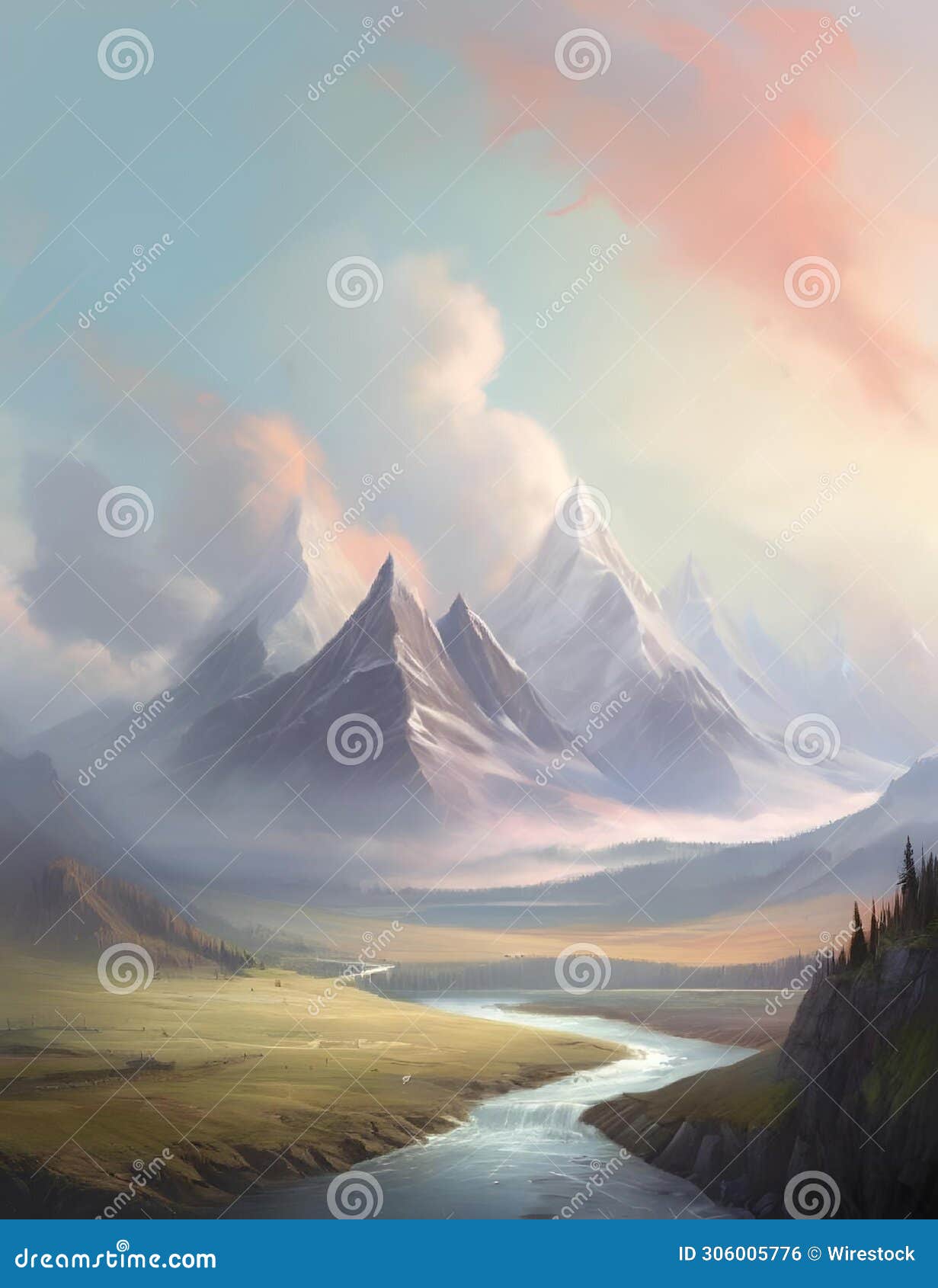 A Digital Painting of an Alpine Landscape with a River Below Stock ...