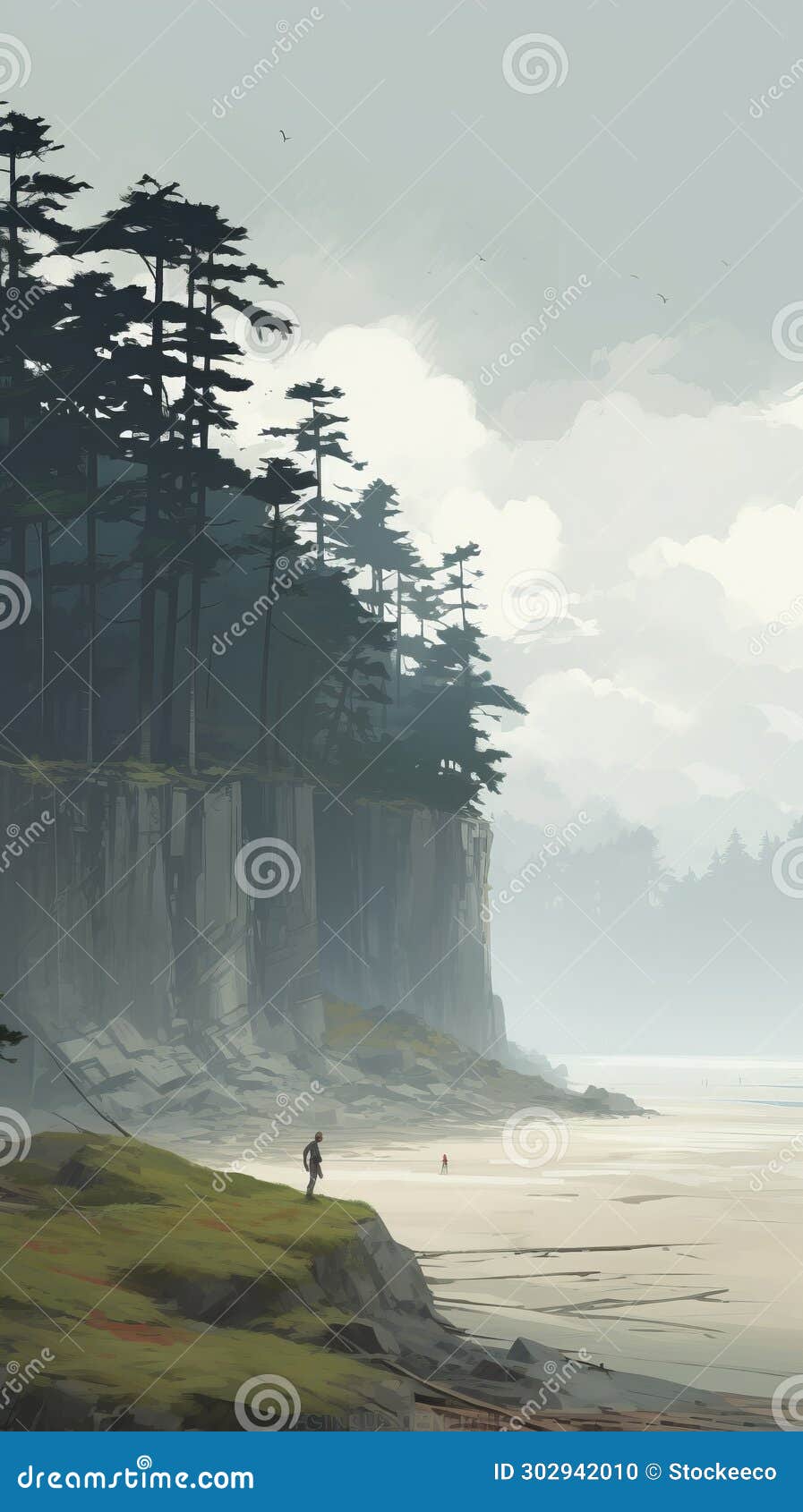 Digital Painting of Beach with Trees and Cliffs Stock Illustration ...