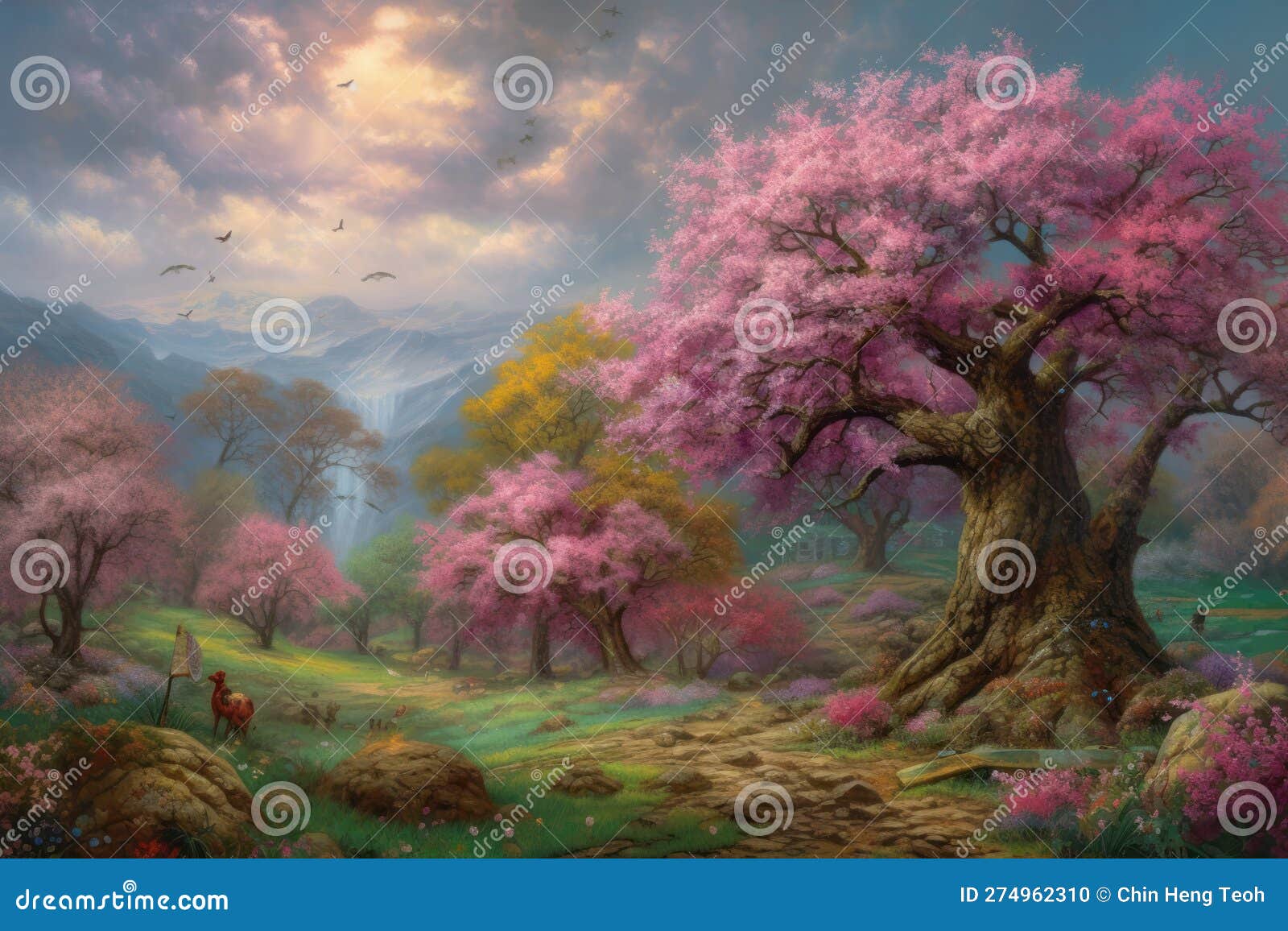 Digital Painting of a Beautiful Spring Landscape with a Large Tree in ...