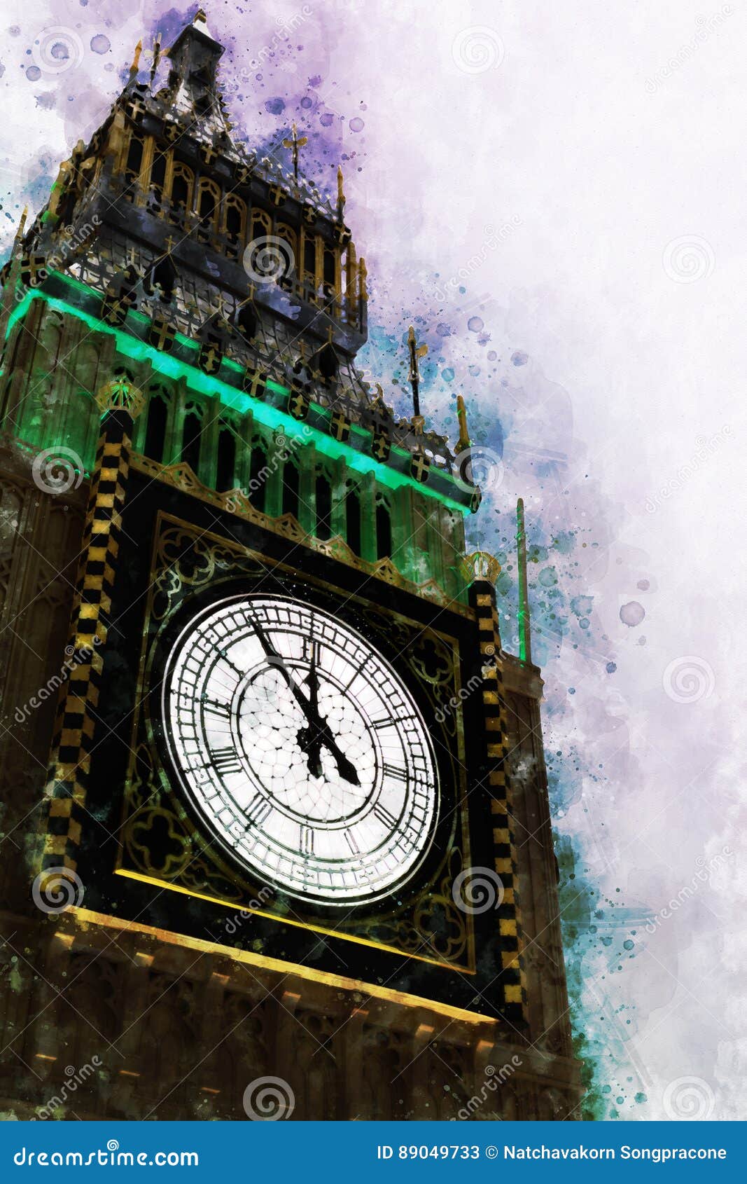 Digital Painting of Big Ben Clock, Watercolor Style Stock Illustration ...