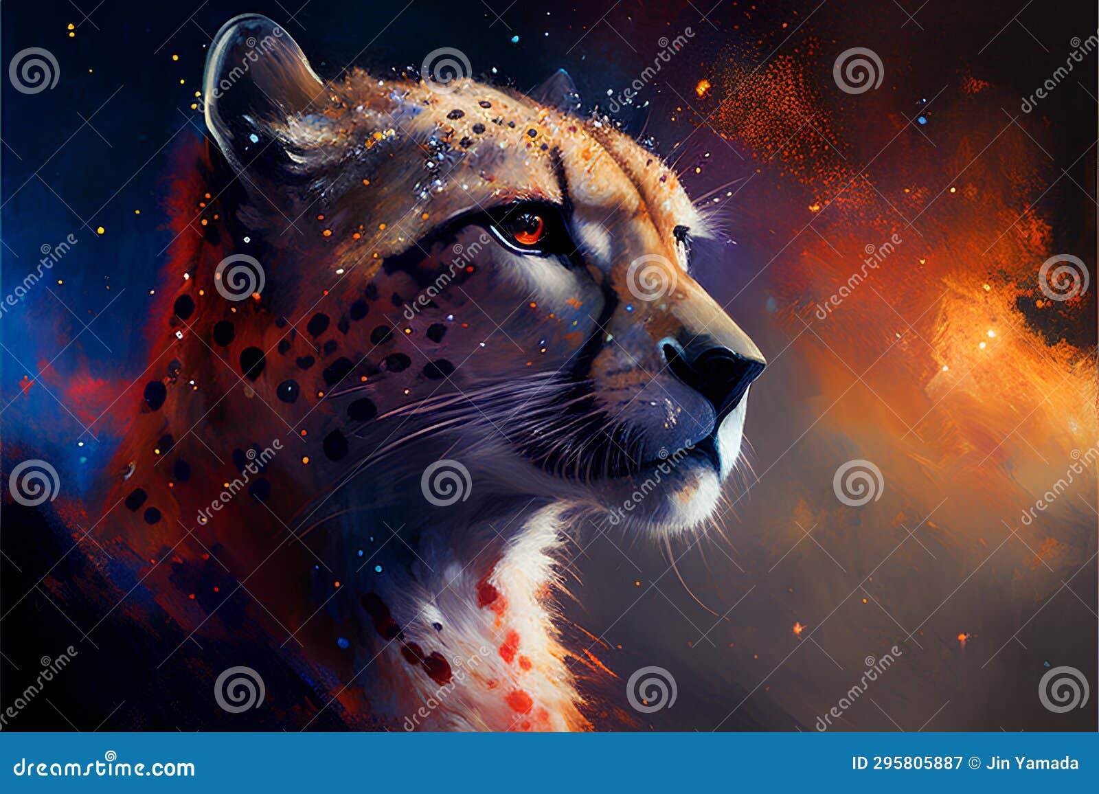 Digital Painting of a Cheetah with Colorful Fire and Smoke. Stock ...