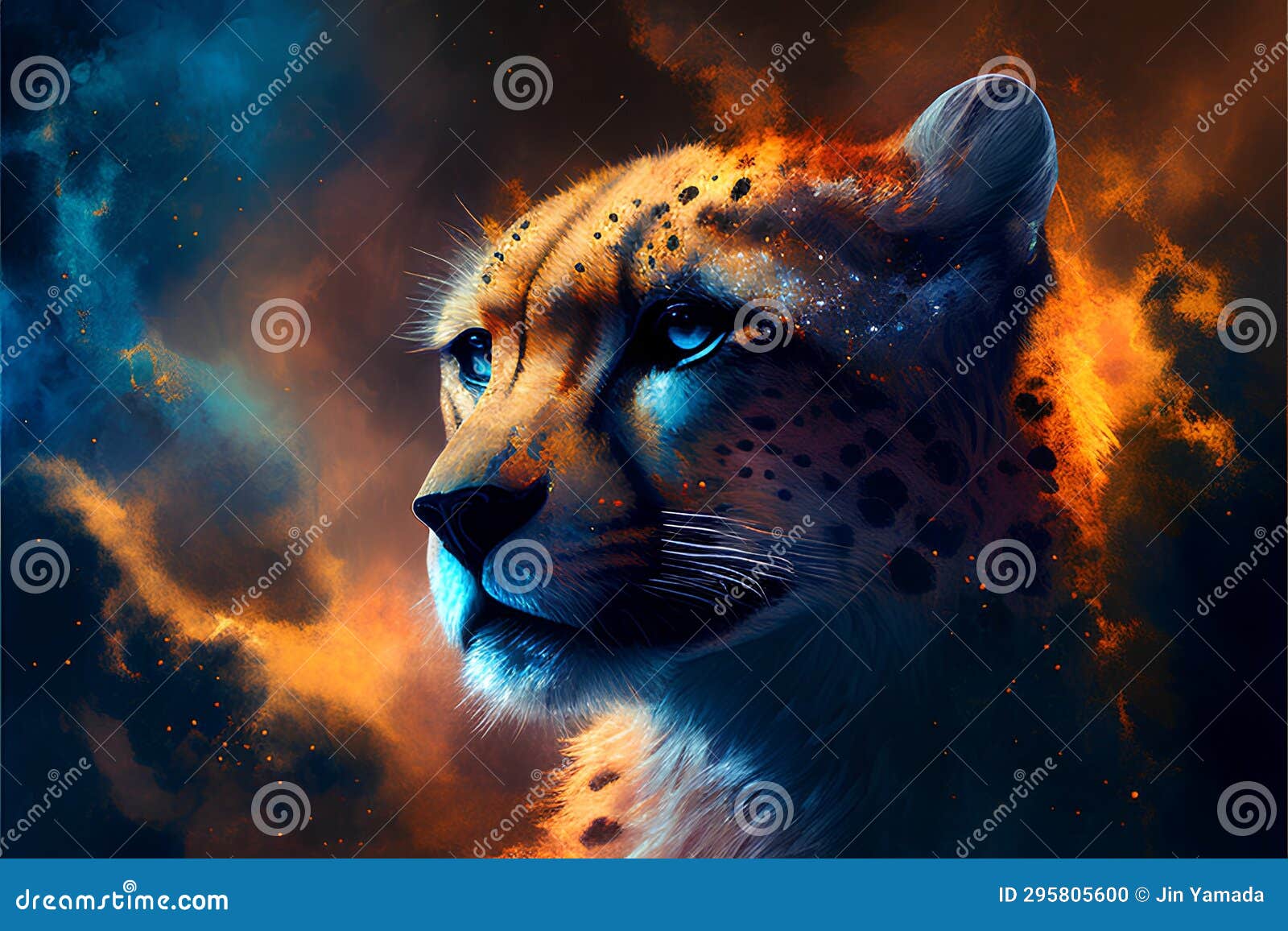 Digital Painting of a Cheetah with Fire Effect on the Background Stock ...