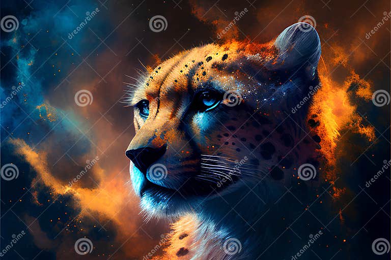 Digital Painting of a Cheetah with Fire Effect on the Background Stock ...
