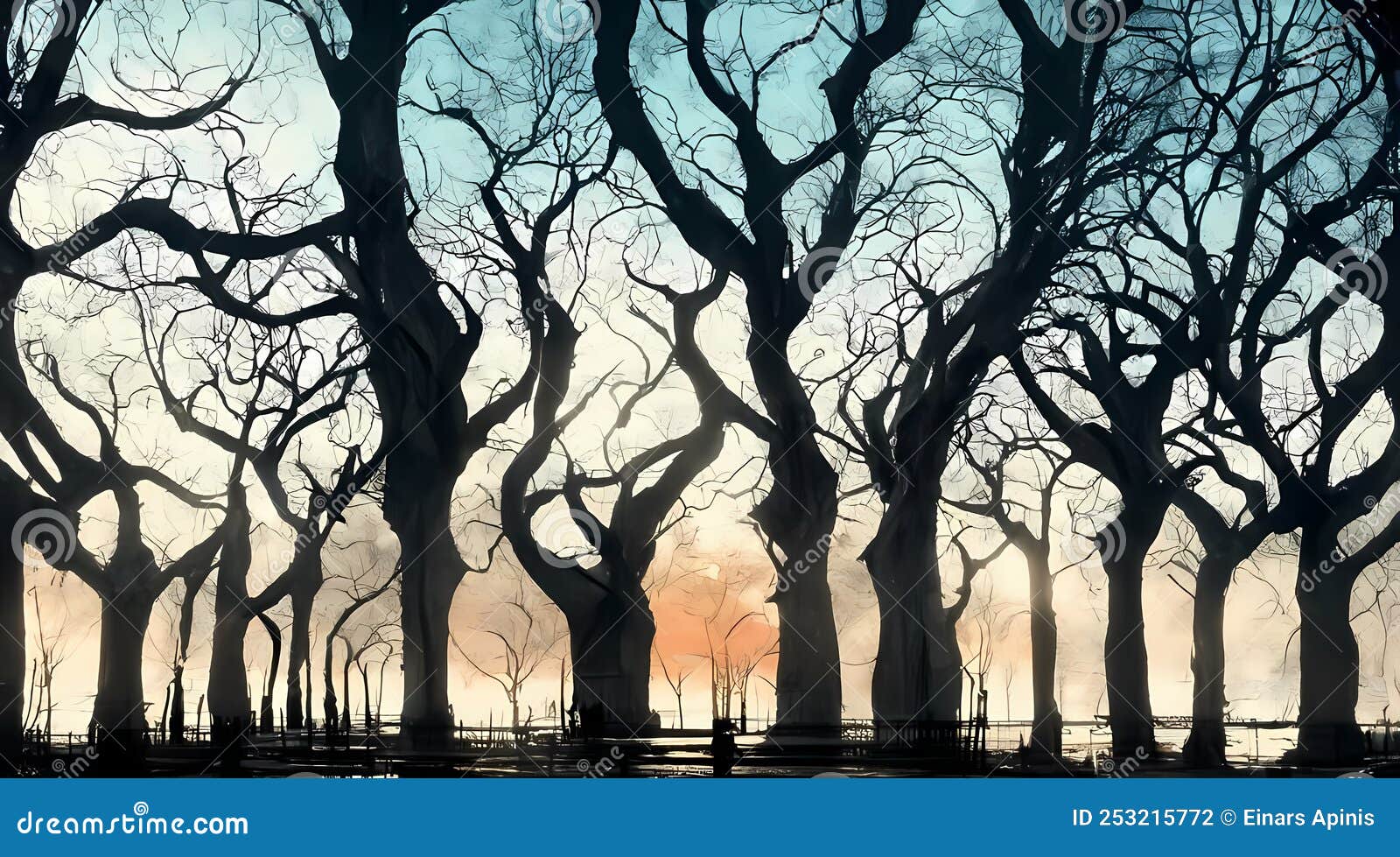 Silhouettes of Leafless Trees Wallpaper Illustration Stock Illustration ...