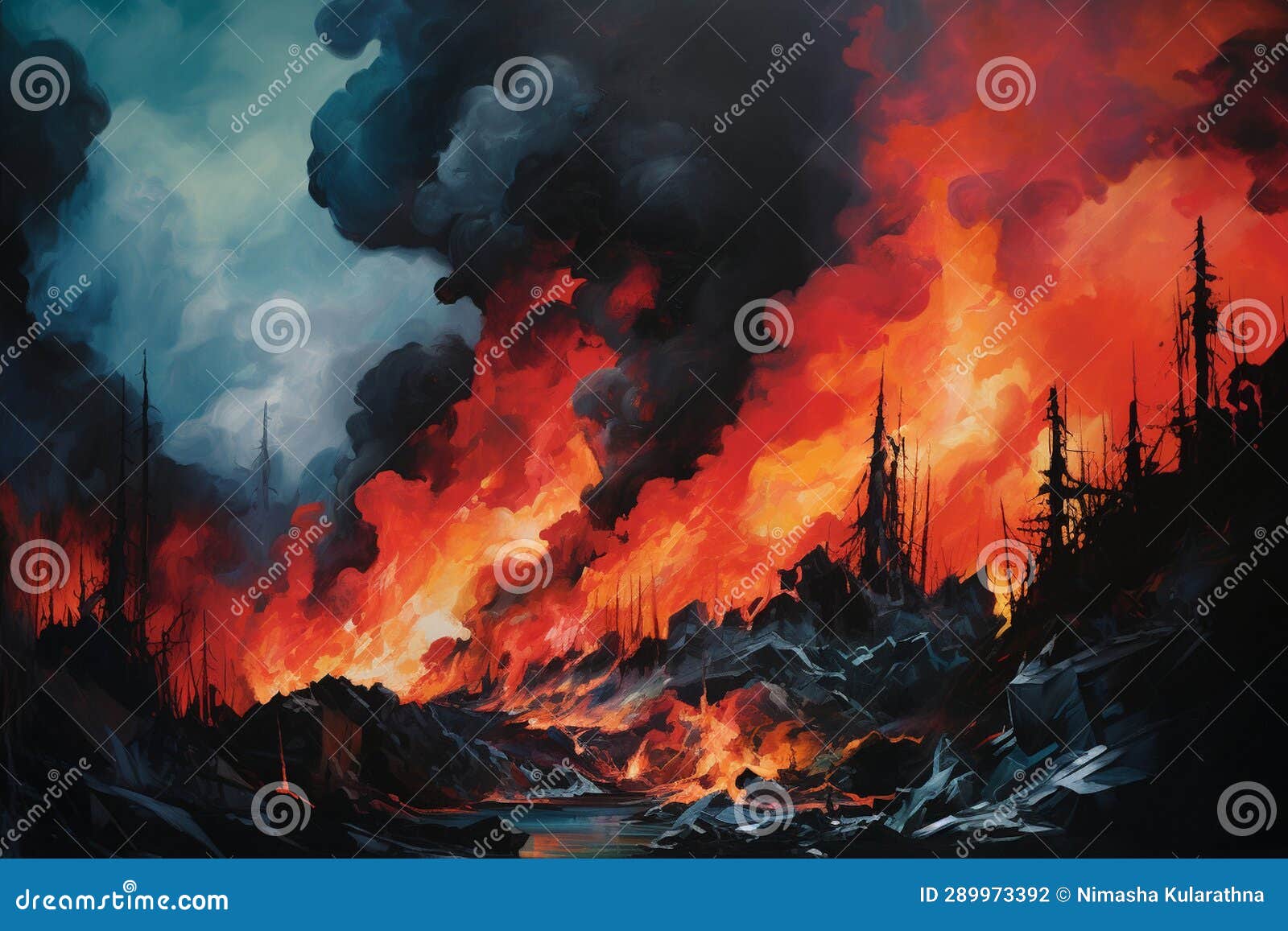 A Digital Painting of a Forest Wildfire with Burning Trees Stock ...