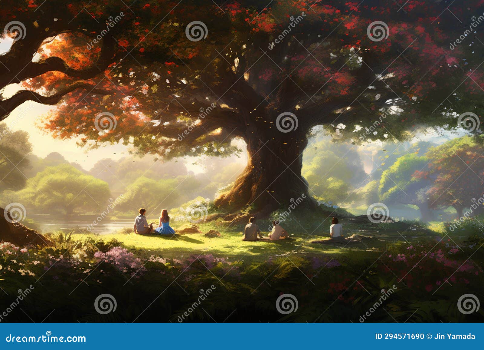 Digital Painting of a Group of Young People Sitting Under an Old Tree ...