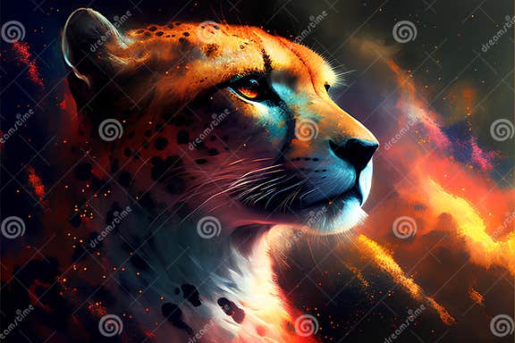 Digital Painting of a Leopard with Fire and Smoke in it. Stock ...