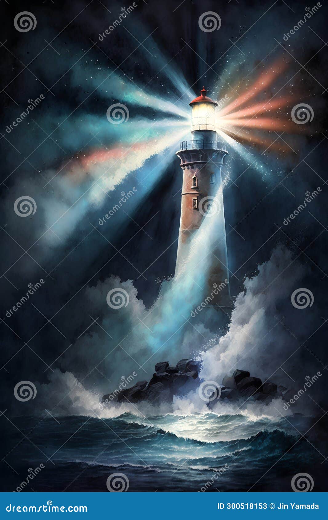 Digital Painting of a Lighthouse in the Sea with Light Rays and Smoke ...